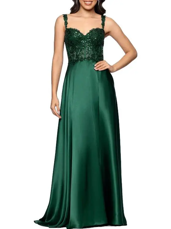 BLONDIE NITES Sequin Bodice Satin Gown - Hunter