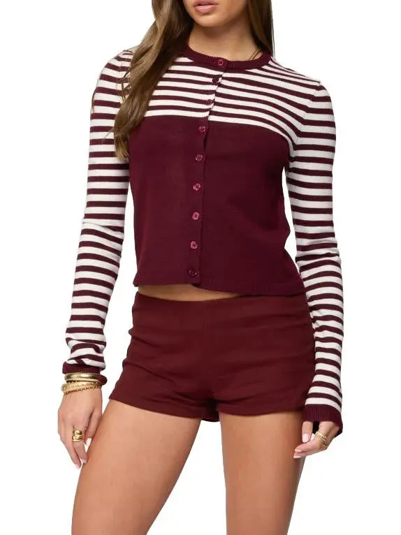 EDIKTED Striped Fitted Cardigan - Burgundy