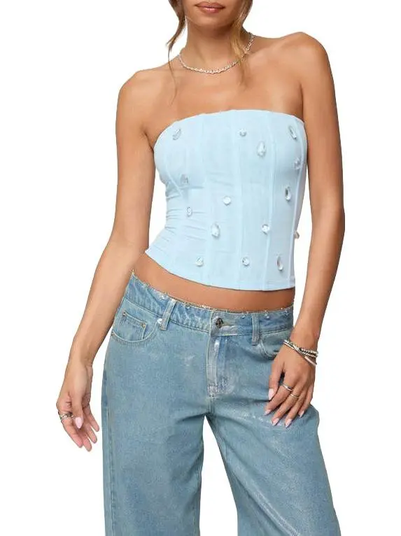 EDIKTED Crystal Embellished Mesh Corset Top - Light-blue