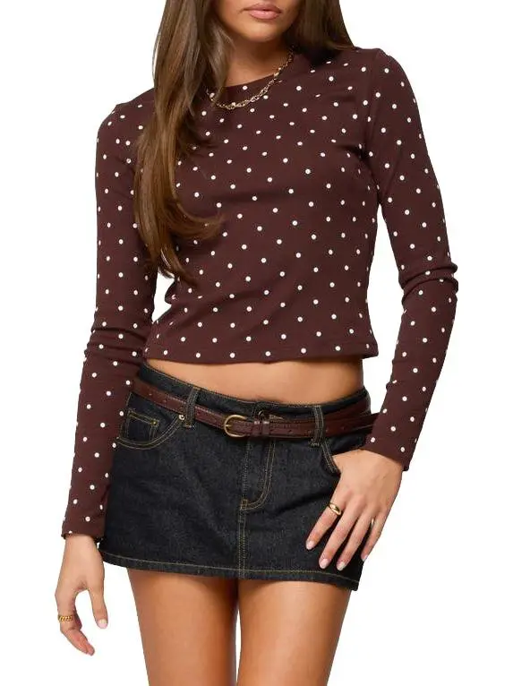EDIKTED Daliya Polka Dot Crop T-shirt - Brown