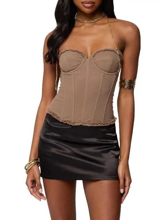 EDIKTED Strapless Mesh Corset Top - Brown