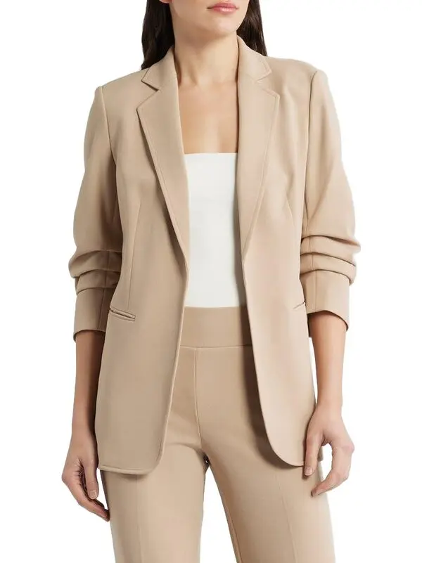 Anne Klein Scrunch Sleeve Open Front Jacket - Latte