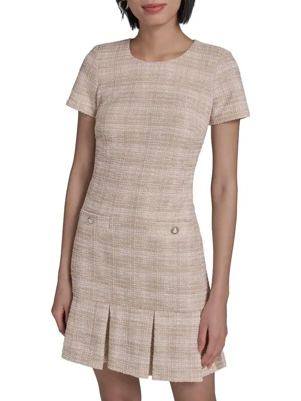 Karl Lagerfeld Pleated Metallic Tweed Mini Dress - Taupe Soft White