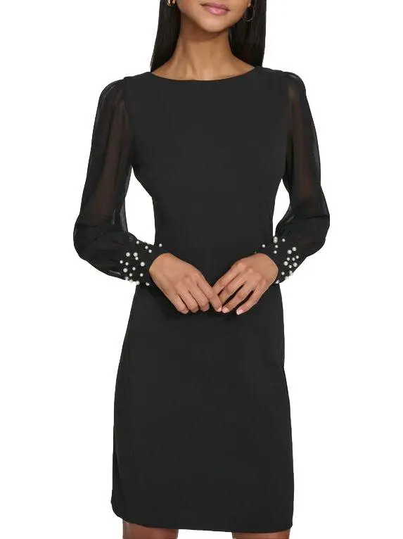 Karl Lagerfeld Faux Pearl Cuff Long Sleeve Scuba Crepe Sheath Dress - Black