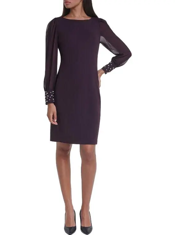 Karl Lagerfeld Paris Faux Pearl Cuff Long Sleeve Scuba Crepe Sheath Dress - Fig