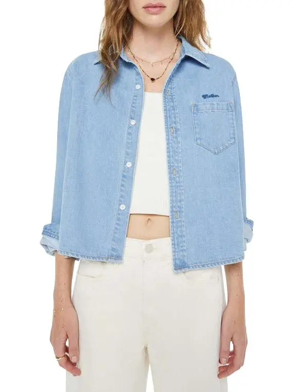 MOTHER The Honor Roll Logo Embroidered Denim Crop Shirt - Grand Slam