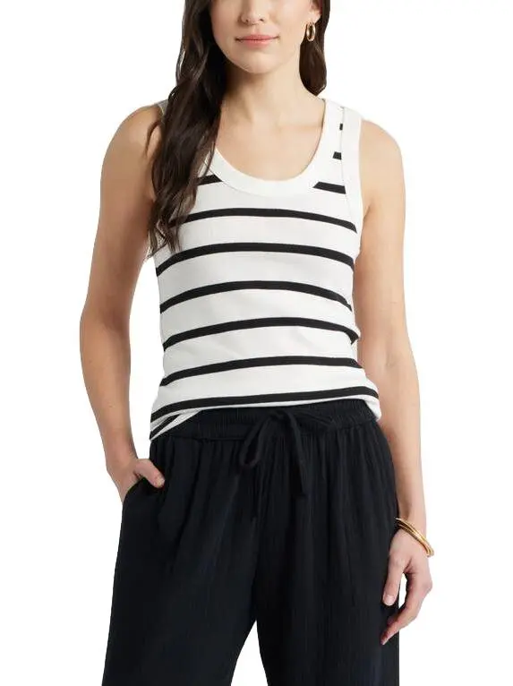 Caslon Scoop Neck Ribbed Cotton Tank - Ivory Cloud- Black Gabe Stripe
