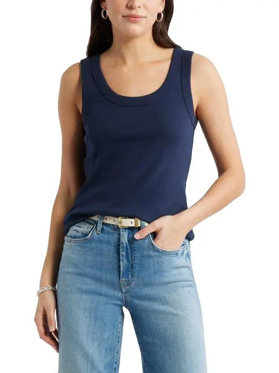 Caslon Scoop Neck Ribbed Cotton Tank - Navy Still