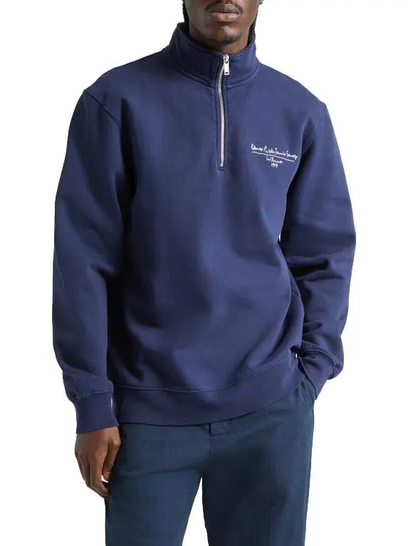 PALMES Public Chain Stitch Quarter Zip Fleece Sweatshirt - Navy