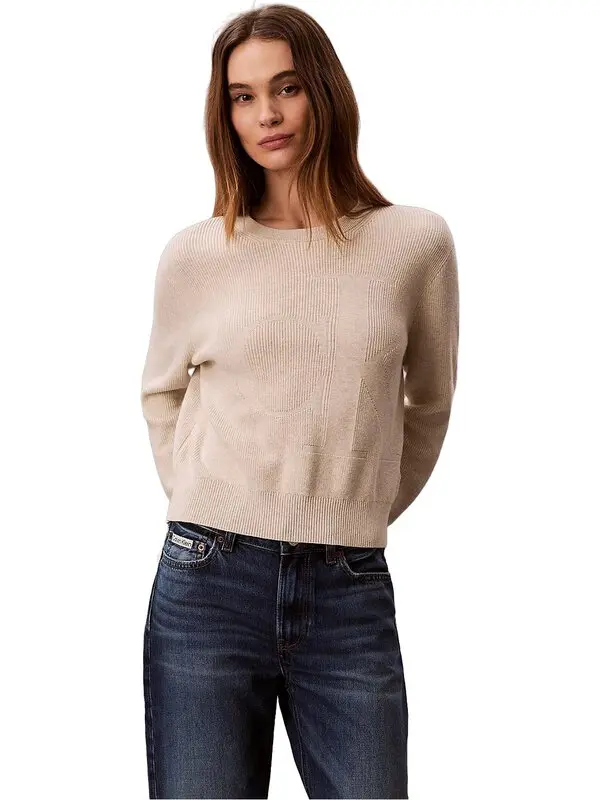 Calvin Klein Smooth Cotton Monogram Sweater - Vanilla Heather