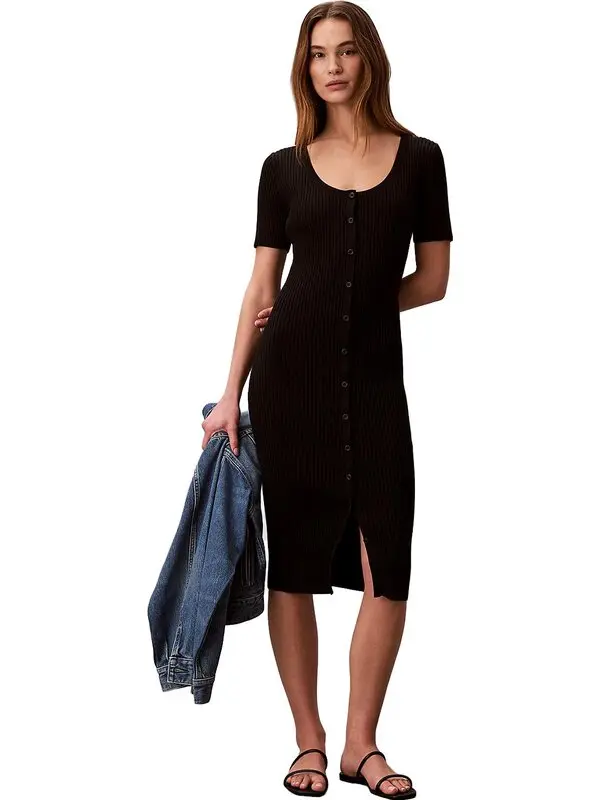 Calvin Klein Cotton Rib Button-down Dress - Black
