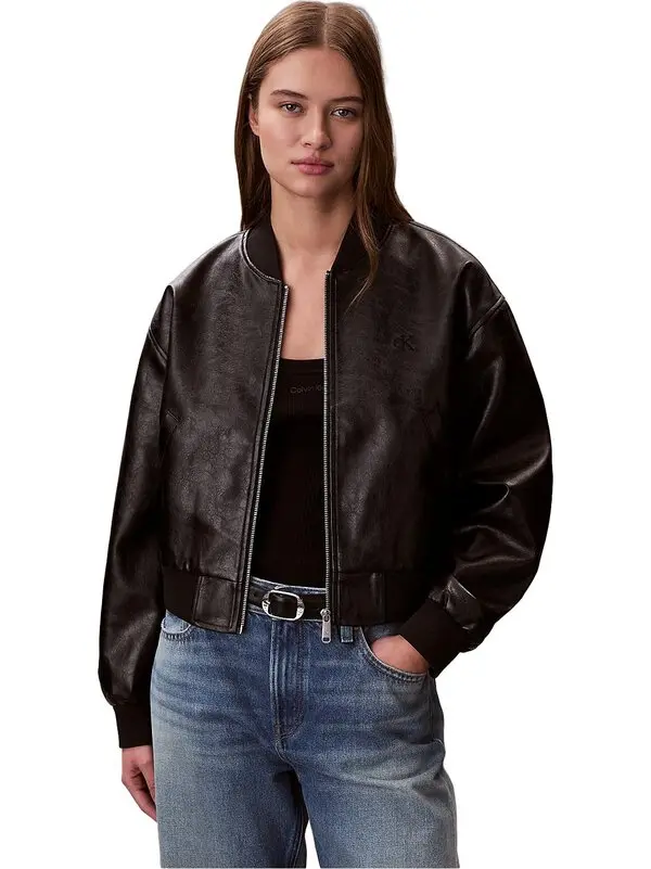 Calvin Klein Faux Leather Bomber Jacket - Black