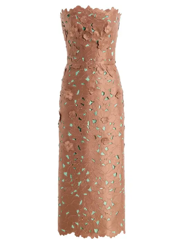 Costarellos Zira Strapless Floral-cut Lace Midi Dress - Brown