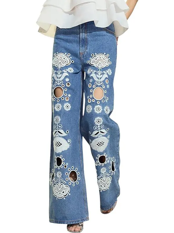 Cynthia Rowley Embroidered Wide Leg Jeans - Blue White