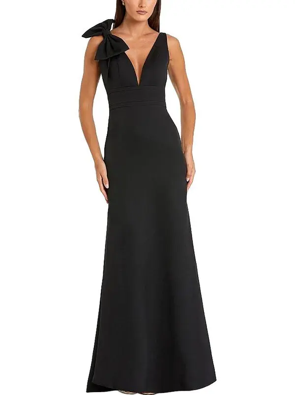 Mac Duggal Petite Sleeveless V-neck Bow Detail Mermaid Gown - Black