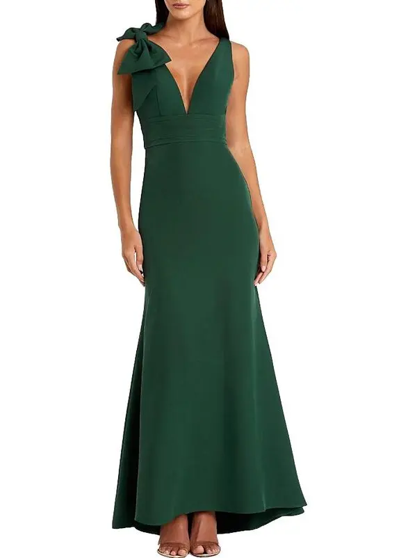 Mac Duggal Petite Sleeveless V Neck Bow Detail Mermaid Gown - Emerald