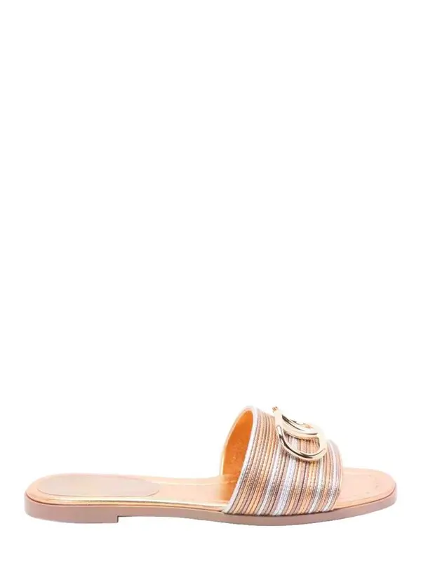 Valentino Garavani Vlogo Signature Metallic Leather Slide Sandals With Cornely Embroidery - Neutrals