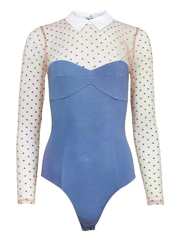 Fleur Du Mal Collared Dotted Tulle Bodysuit - Blue