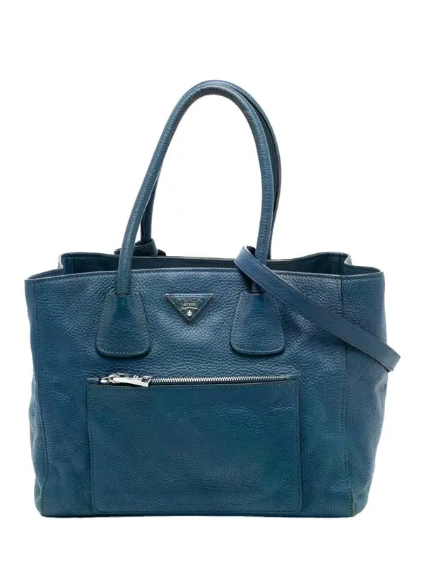 Prada Vitello Daino Front Pocket Open Convertible Tote Satchel - Blue
