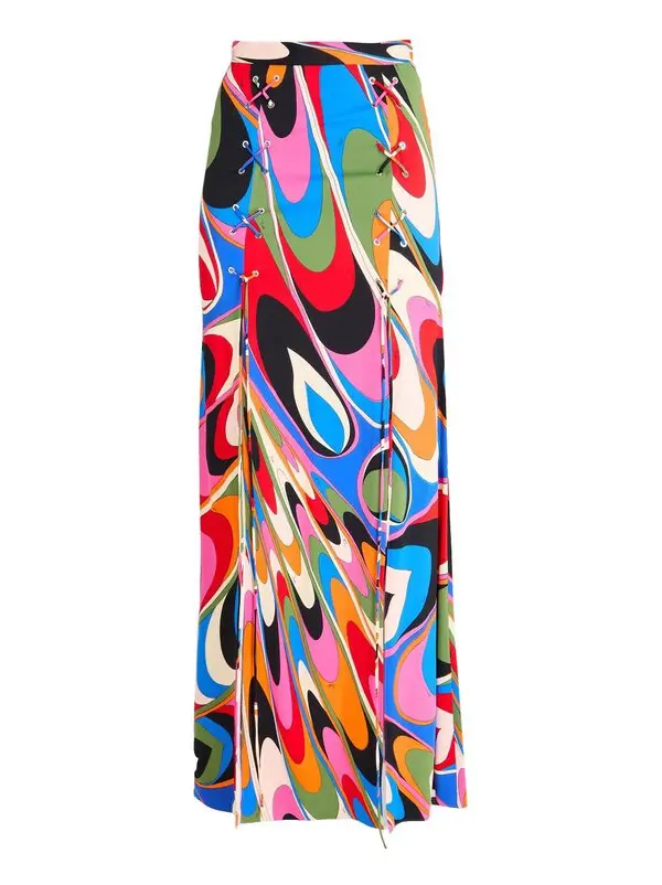 Emilio Pucci Printed Satin Maxi Skirt With Lace-up Detailing - Multicolor
