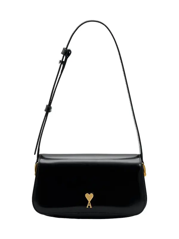 Ami Leather Shoulder Bag With Logo - Black
