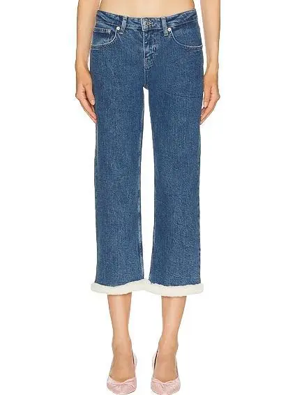 Sandy Liang Moni Straight Leg Jeans With Faux Fur Trim - Medium Blue