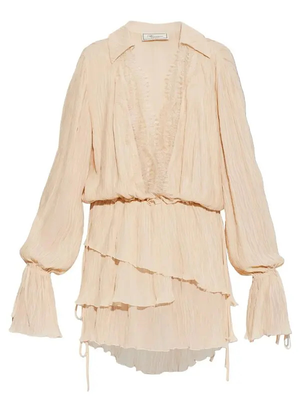 Blumarine Pleated Dress With Lace Inserts - Beige