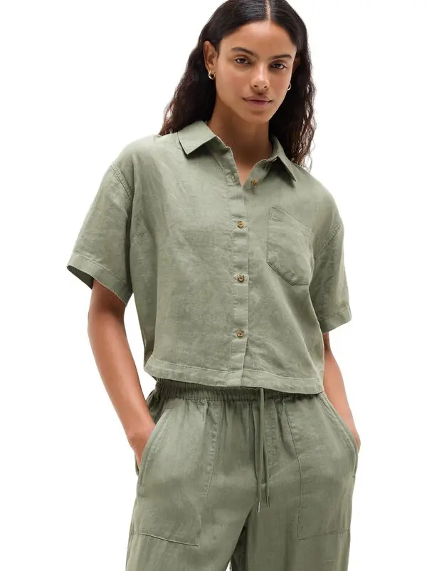 Athleta Retreat Linen Short Sleeve Shirt - Cacti