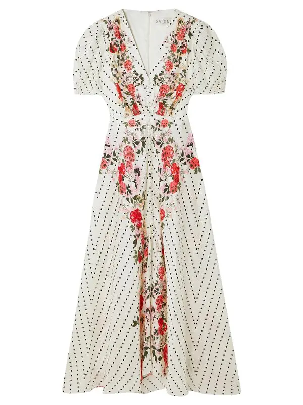 Saloni Lea Polka-dot Floral-print Silk-jacquard Midi Dress - Off-white
