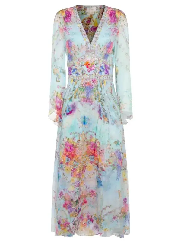 Camilla Bazar Blooms Embellished V-neck Maxi Dress - Blue