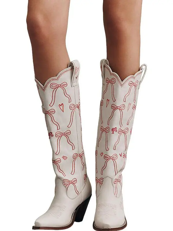 BESITA BOOTS Leather Tall Western Boots - White/pink