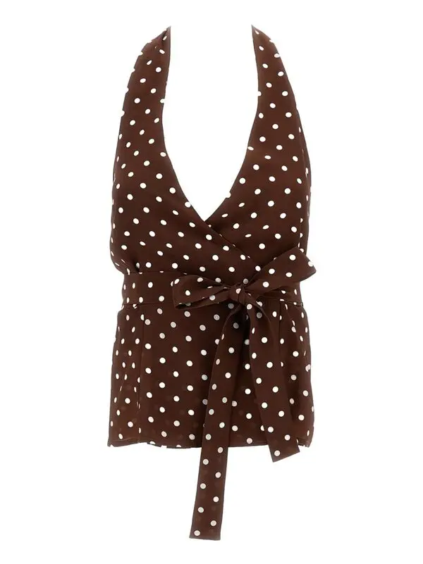 PAROSH Polka Dot Silk Top - Brown