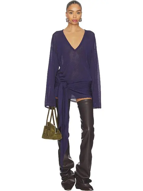 Attico Pointelle Knit Wrap Dress - Navy