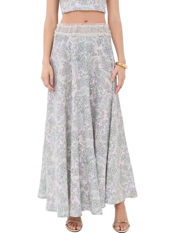 Temptation Positano Floral Paisley Print Linen Skirt - Cash Pink
