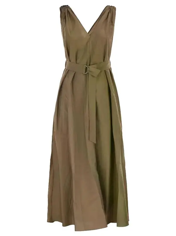 Brunello Cucinelli V-neck Belted Midi Dress - Brown