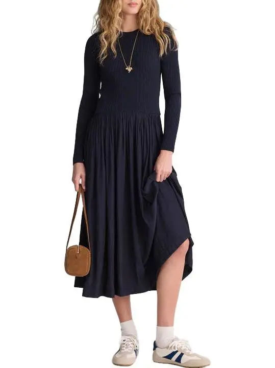 Madewell Rib Mixed Media Long Sleeve Midi Dress - Classic Navy