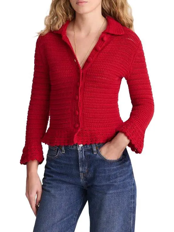 Madewell Pointelle Knit Peplum Cotton Cardigan - Crimson