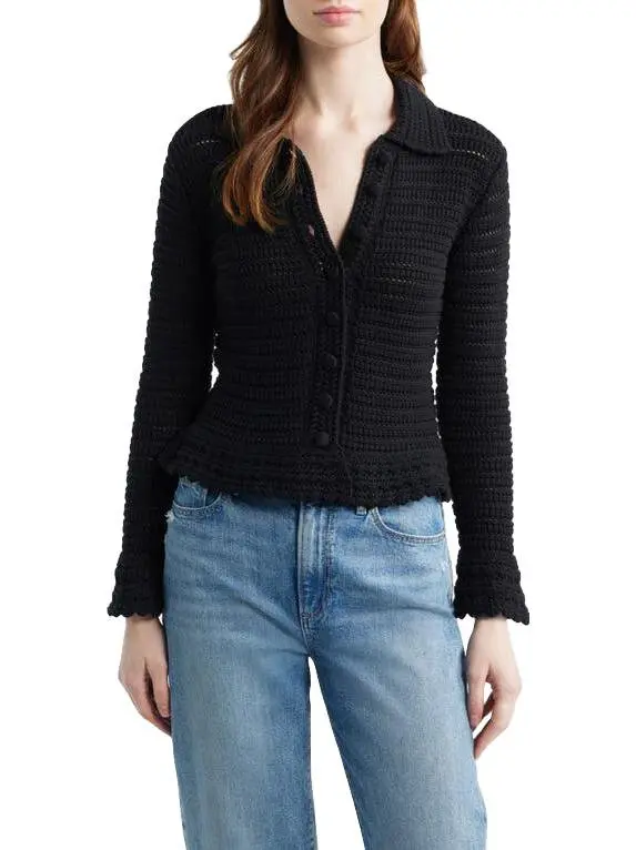 Madewell Pointelle Knit Peplum Cotton Cardigan - Jet Black