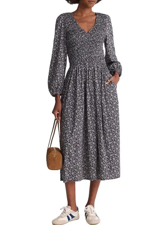 Madewell Floral Smocked V-neck Midi Dress - Classic Navy