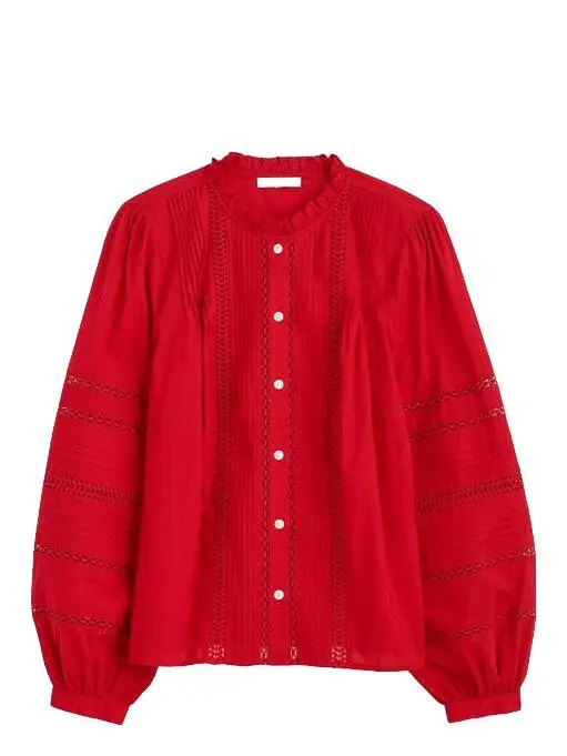 Madewell High Neck Lace Pintuck Cotton Top - Cherry