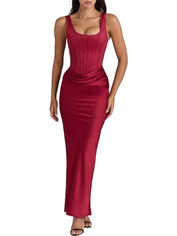 House Of Cb Kira Corset Bodice Satin Gown - Red