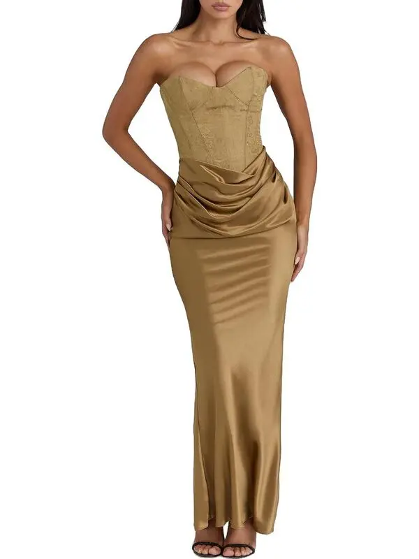 House Of Cb Strapless Corset Bodice Satin Gown - Bronze