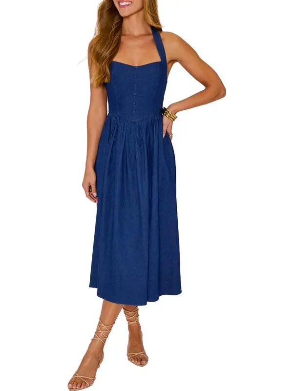 VICI Denim Halter Midi Dress - Dark Wash