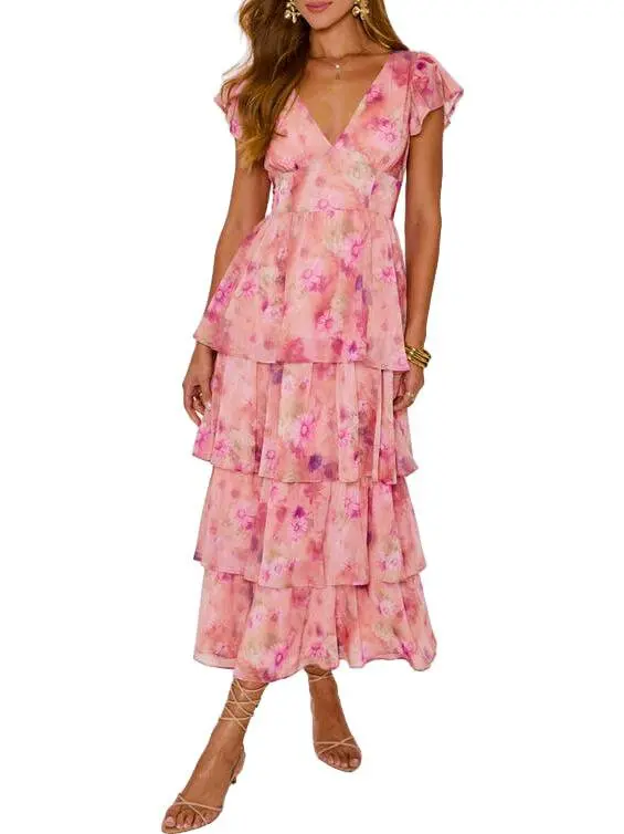 VICI Floral Print Tiered Ruffle Maxi Dress - Mauve Floral