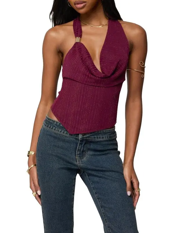 EDIKTED Textured Mesh Asymmetric Sleeveless Top - Burgundy