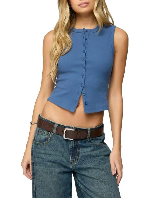 EDIKTED Basel Ribbed Button-up Crop Top - Navy