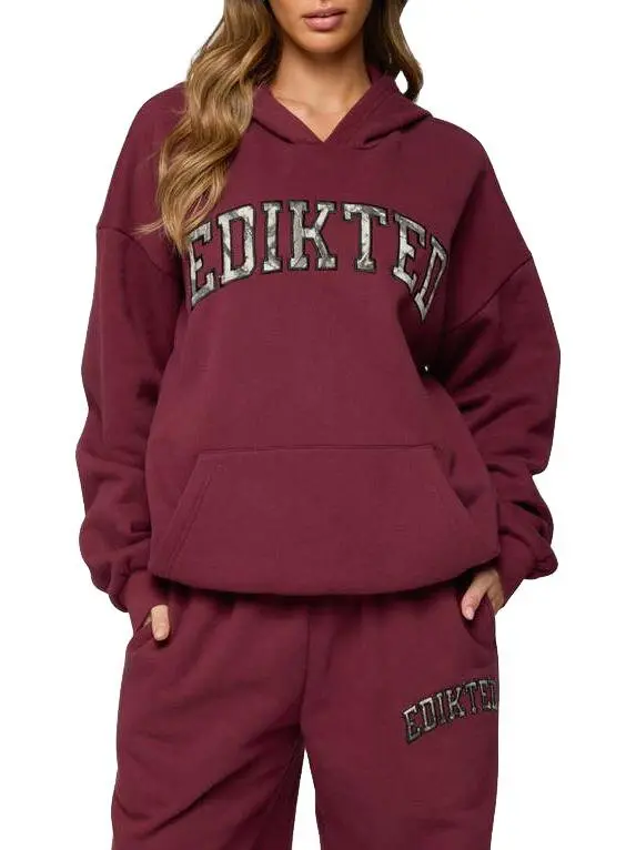 EDIKTED Oversized Fleece Logo Hoodie - Burgundy
