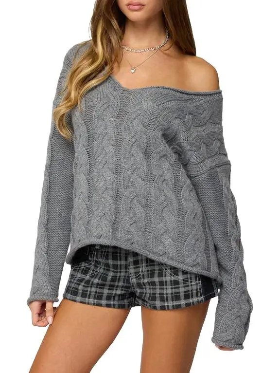 EDIKTED Inga Cable Knit V-neck Sweater - Gray-melange