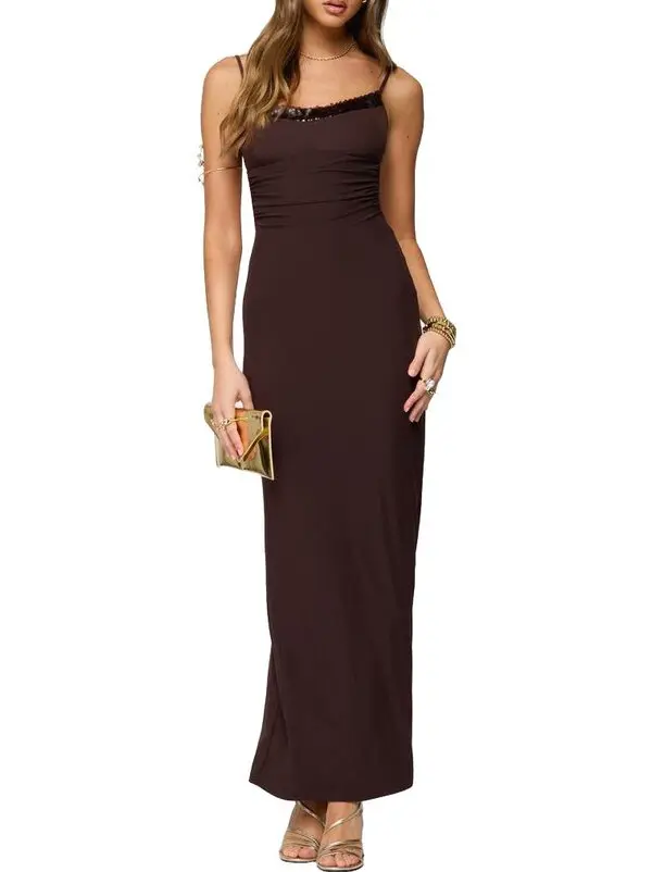 EDIKTED Shanna Mesh Maxi Dress - Brown