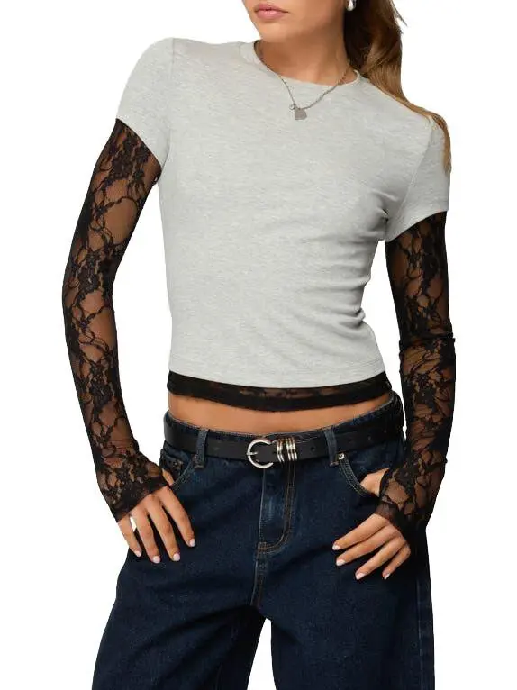 EDIKTED Layered Lace Sleeve T-shirt - Gray-melange
